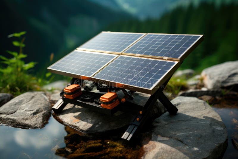 Portable Mobile Solar Battery Stands in Nature in the Mountains Stock ...