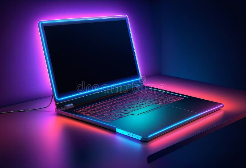 A Portable Neon Computer with a Blank Screen and a Desk in a Dark Room ...