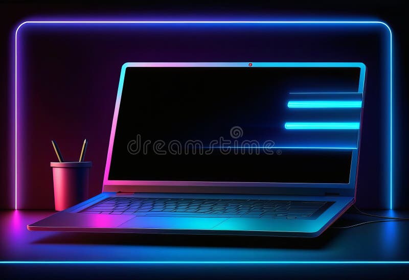 A Portable Neon Computer with a Blank Screen and a Desk in a Dark Room ...