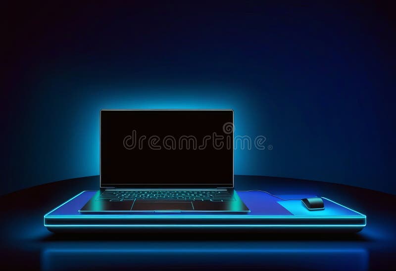 A Portable Neon Computer with a Blank Screen and a Desk in a Dark Room ...