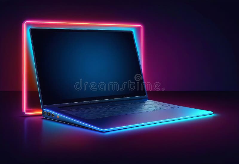 A Portable Neon Computer with a Blank Screen and a Desk in a Dark Room ...