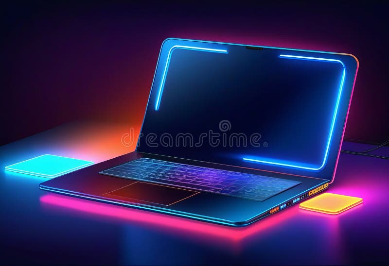 A Portable Neon Computer with a Blank Screen and a Desk in a Dark Room ...