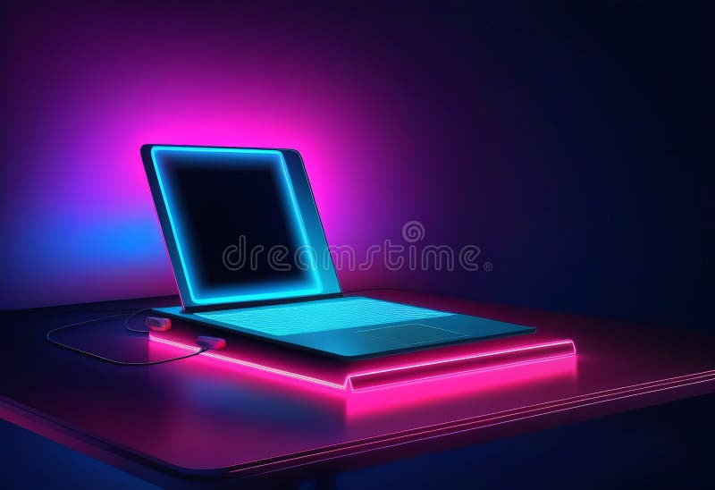 A Portable Neon Computer with a Blank Screen and a Desk in a Dark Room ...