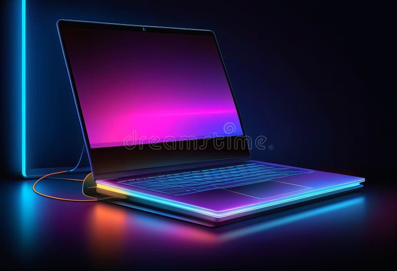 A Portable Neon Computer with a Blank Screen and a Desk in a Dark Room ...