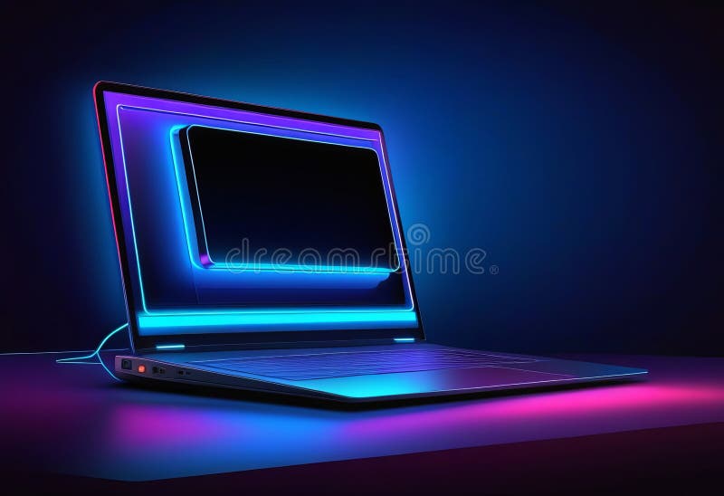 A Portable Neon Computer with a Blank Screen and a Desk in a Dark Room ...