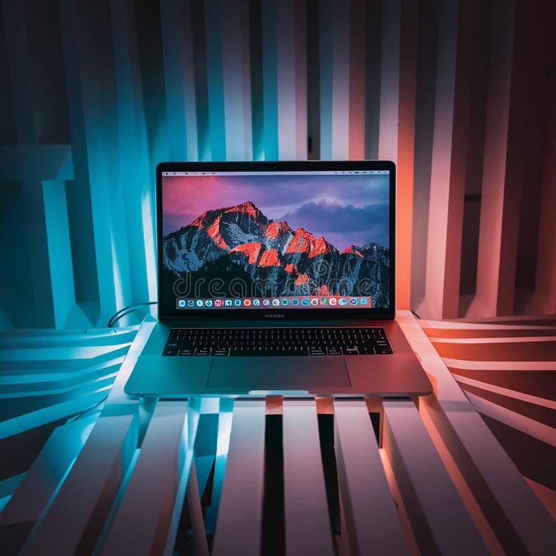 A Portable Neon Computer with a Blank Screen and a Desk in a Dark Room ...