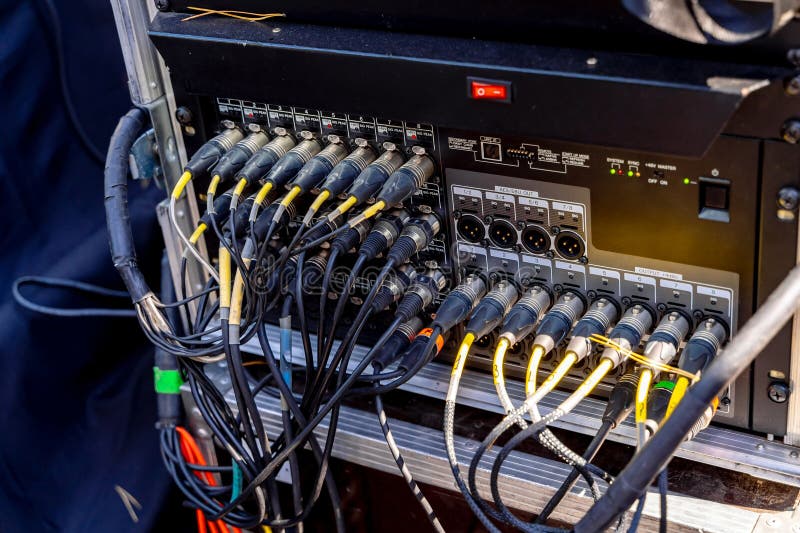 Portable PA Systems. Cables Plugged in the Inputs of Mixing Console of ...