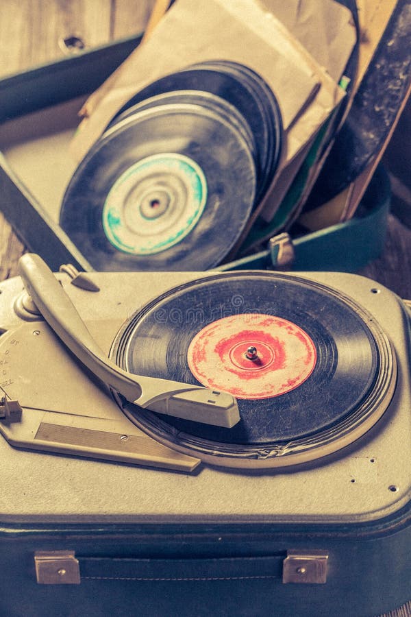 Portable Record Player with Few Scratched Vinyl Records Stock Photo ...