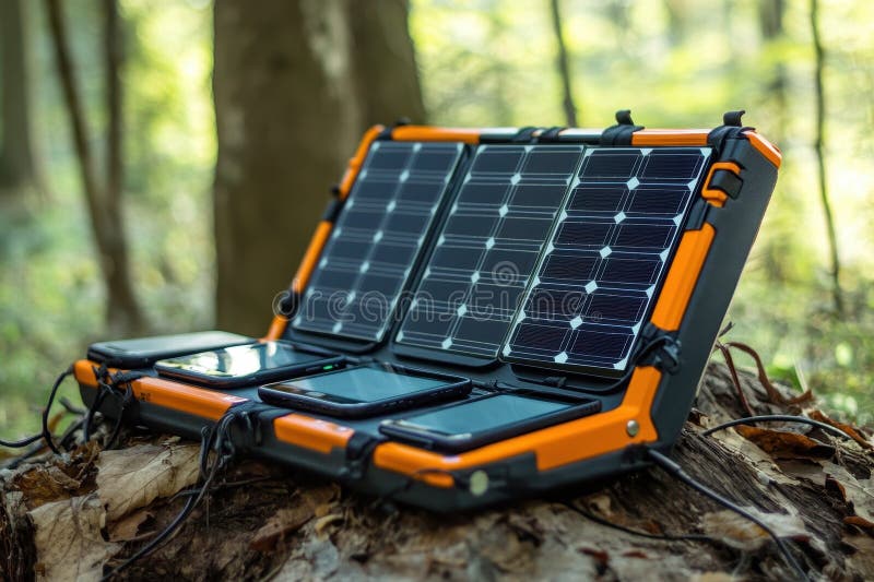 Portable Solar Panel Charger with Multiple Devices Stock Illustration ...