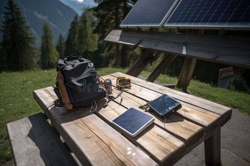 Portable Solar Panel Charging Mobile Device on Rustic Wooden Table ...
