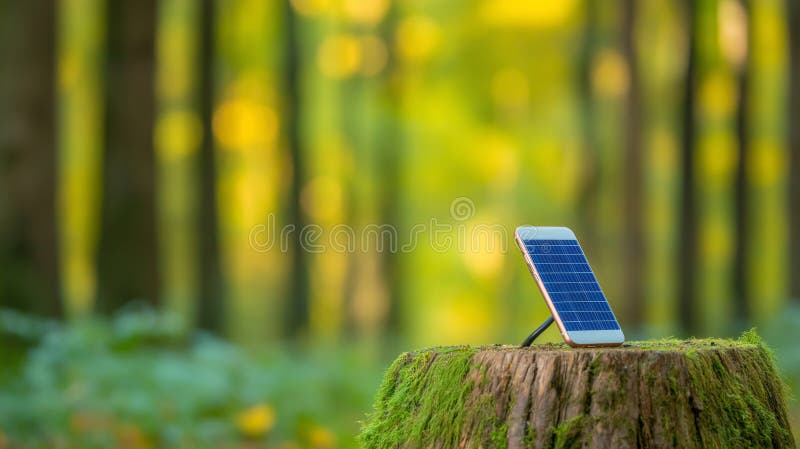 Solar Panel Charging Smartphone among Forest Trees, Demonstrating Green ...