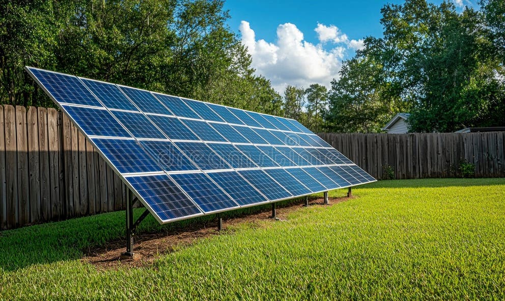 Portable Solar Panel Setup in a Backyard for Renewable Energy Stock ...