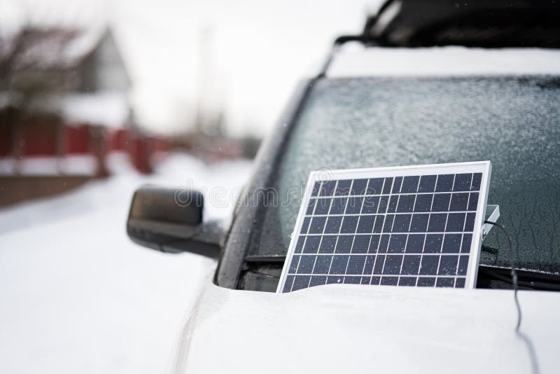 Portable Solar Panel on SUV Car at Winter Close Up View Stock Photo ...