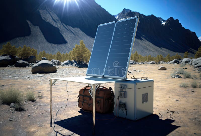 Portable Solar Panel on Table and Battery in Mountains. View from the ...