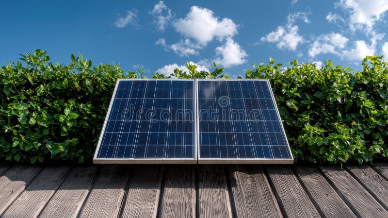 Portable Solar Panel on Wooden Deck with Green Hedge Stock Illustration ...