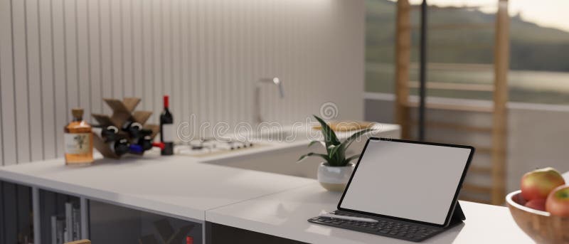Portable Tablet Mockup on a Modern White Kitchen Countertop Stock ...