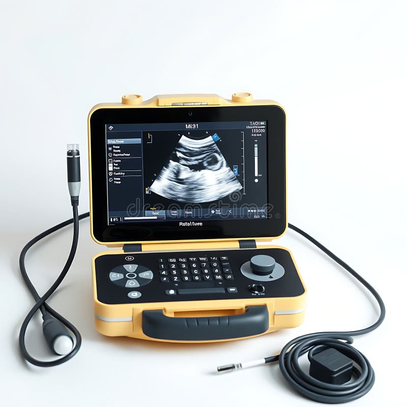A Portable Ultrasound Machine with Attached Probe and Display Screen ...