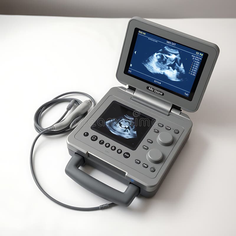 A Portable Ultrasound Machine with Attached Probe and Display Screen ...