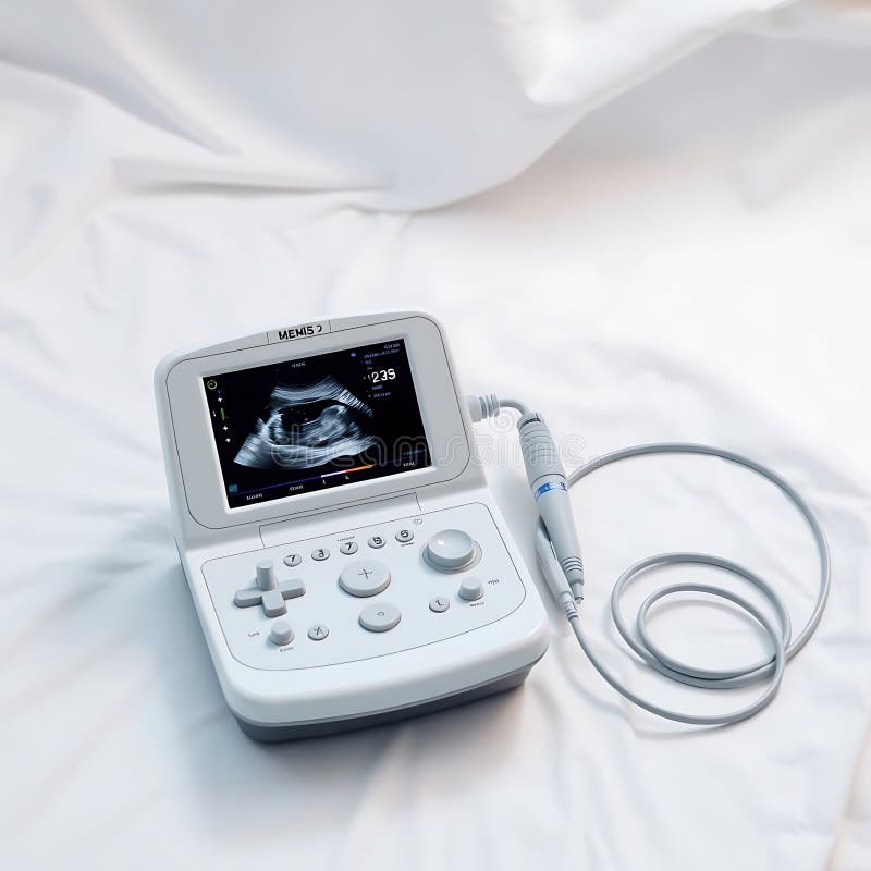 A Portable Ultrasound Machine with Attached Probe and Display Screen ...