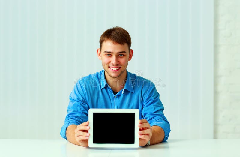 Portait of a Young Businessman Shows the Tablet Computer Display Stock ...
