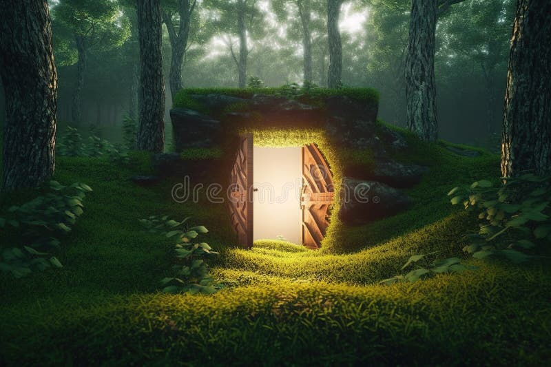 Portal in the Forest. Mysterious Open Hatch Door in the Forest Stock ...