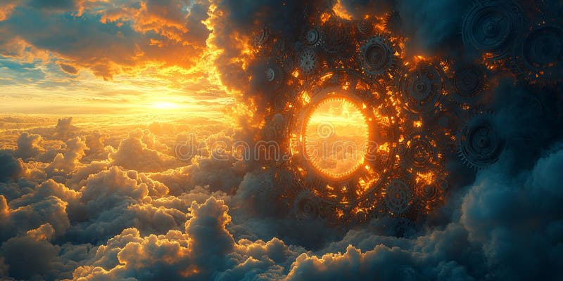 A Portal of Gears and Light Surrounded by Clouds during a Golden Sunset ...