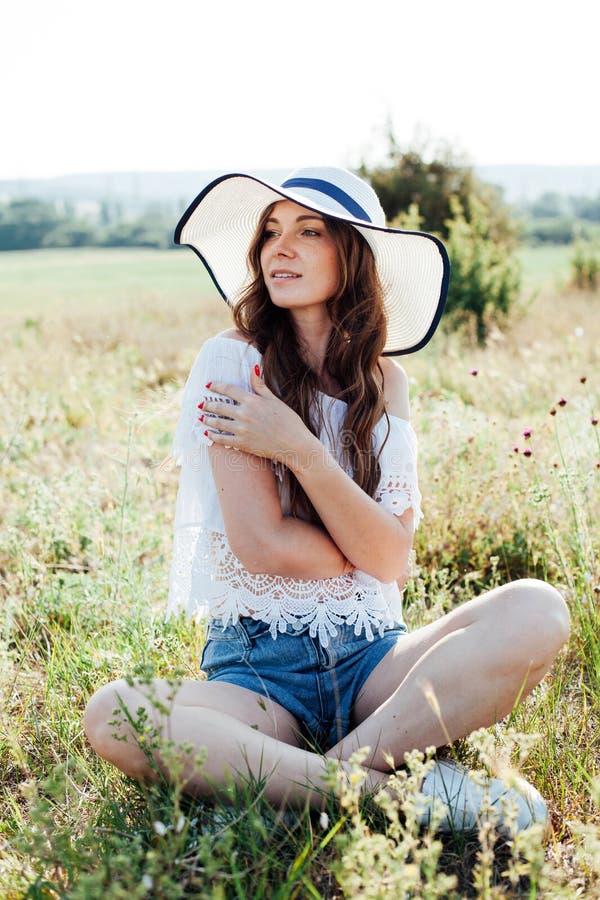 Portert of a Beautiful Woman in a Hat in Nature Stock Photo - Image of ...