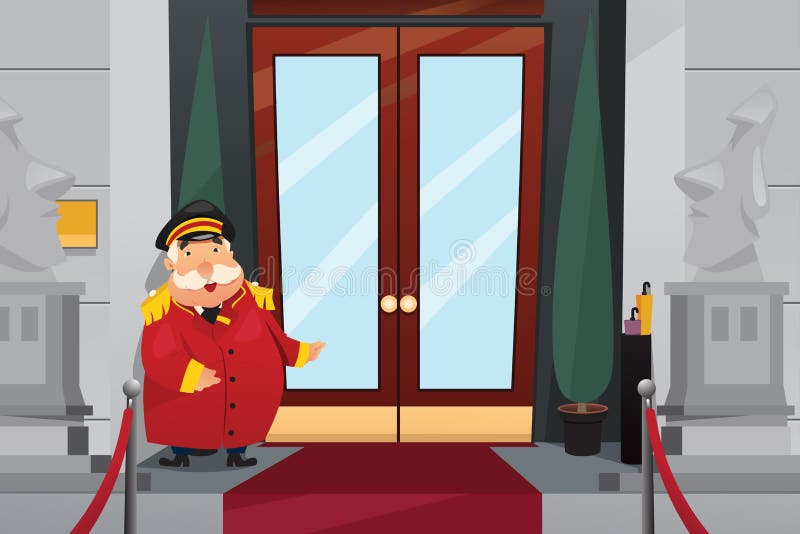 Portier Standing Devant Les Portes D'entrée Illustration de Vecteur ...