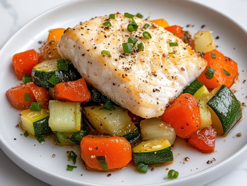 Baked Cod Fillet with Vegetables Stock Illustration - Illustration of ...