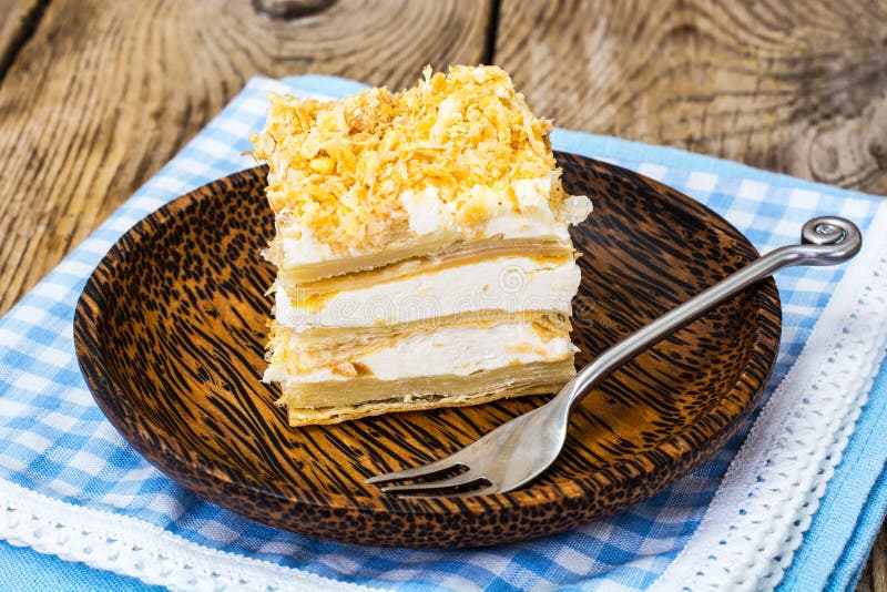 Portion Cake of Puff Pastry with Vanilla Butter Cream Stock Image ...