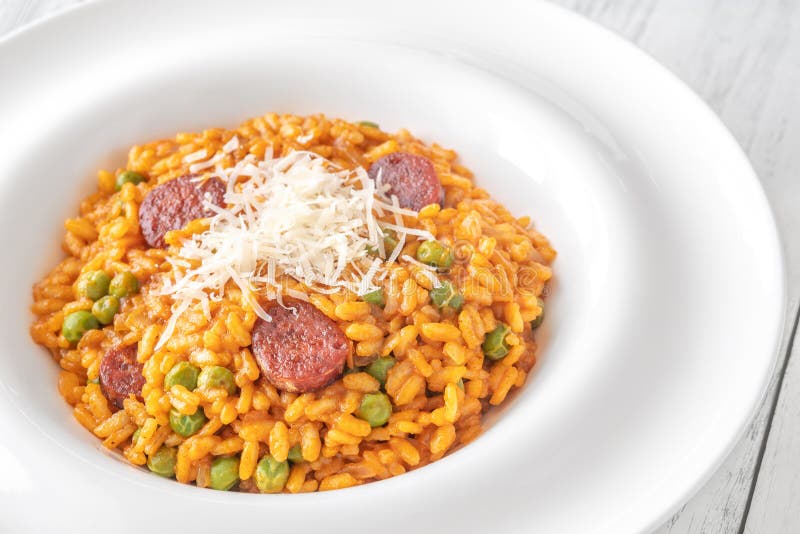 Portion of chorizo risotto stock image. Image of plate - 314520589
