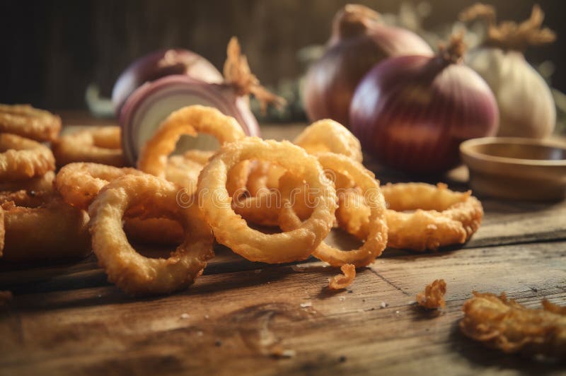 Portion of Crispy Fried Onion Rings on Rustic Wooden Table. AI ...