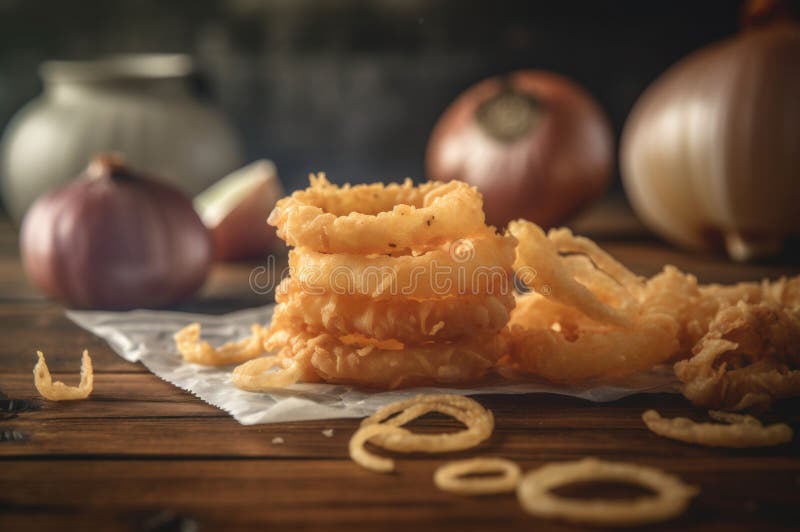 Portion of Crispy Fried Onion Rings on Rustic Wooden Table. AI ...
