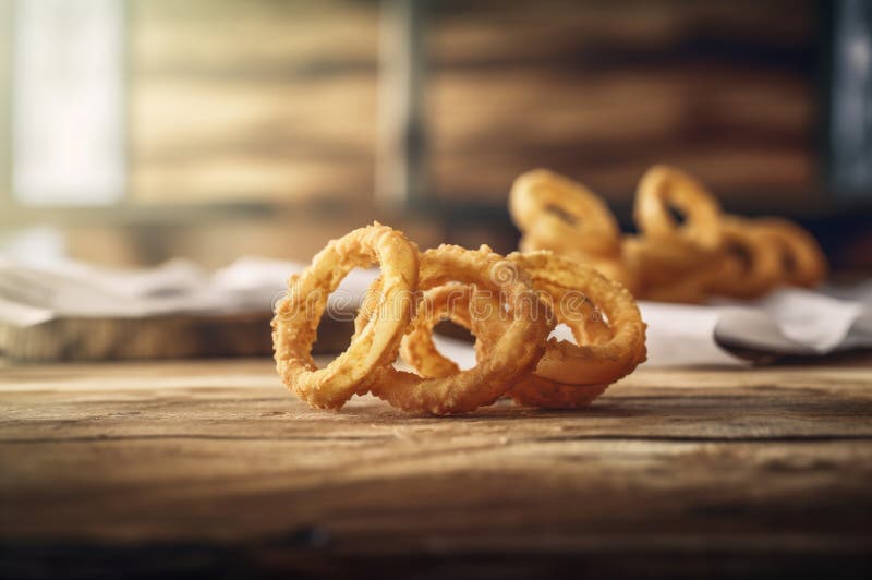 Portion of Crispy Fried Onion Rings on Rustic Wooden Table. AI ...