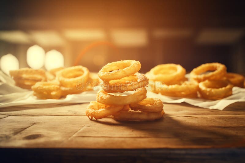Portion of Crispy Fried Onion Rings on Rustic Wooden Table. AI ...
