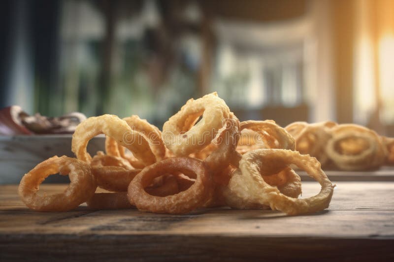Portion of Crispy Fried Onion Rings on Rustic Wooden Table. AI ...