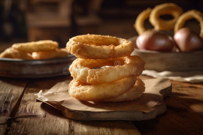 Portion of Crispy Fried Onion Rings on Rustic Wooden Table. AI ...