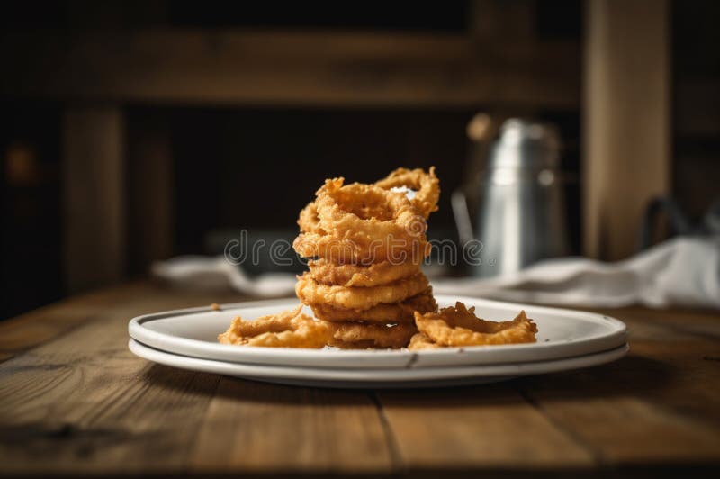 Portion of Crispy Fried Onion Rings on Rustic Wooden Table. AI ...