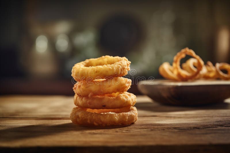 Portion of Crispy Fried Onion Rings on Rustic Wooden Table. AI ...