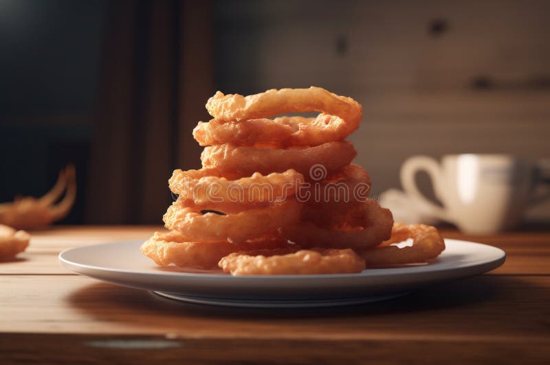Portion of Crispy Fried Onion Rings on Rustic Wooden Table. AI ...