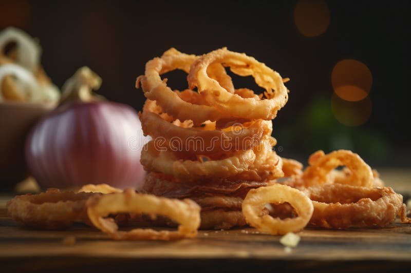 Portion of Crispy Fried Onion Rings on Rustic Wooden Table. AI ...