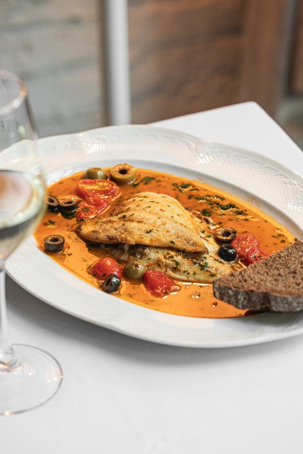 Portion of Dorado Fish with Puttanesca Sauce Stock Photo - Image of ...