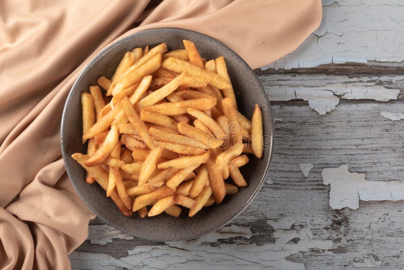 Portion of French Fries in Bowl on Rustic Table Stock Image - Image of ...