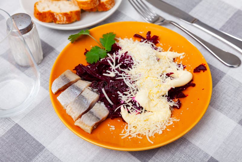 Beetroot Served with Cheese and Pickled Mackerel Stock Image - Image of ...