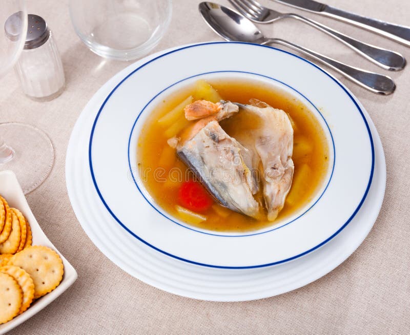 Fish Soup with Salmon Bones and Vegetables Stock Image - Image of ...