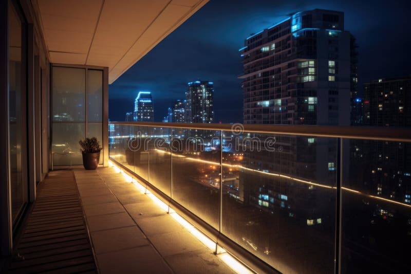 Portion of a High-rise Balcony with Glass Railing and Floor Lighting ...