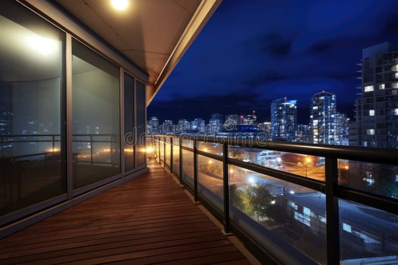 Portion of a High-rise Balcony with Glass Railing and Floor Lighting ...
