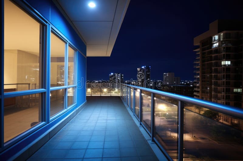 Portion of a High-rise Balcony with Glass Railing and Floor Lighting ...