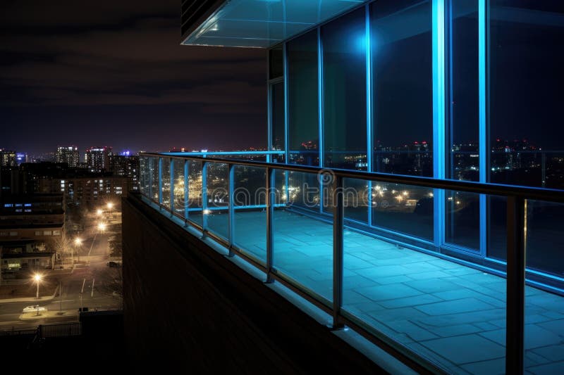 Portion of a High-rise Balcony with Glass Railing and Floor Lighting ...