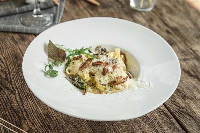 Portion of Italian Mushroom Tagliatelle Pasta Stock Photo - Image of ...